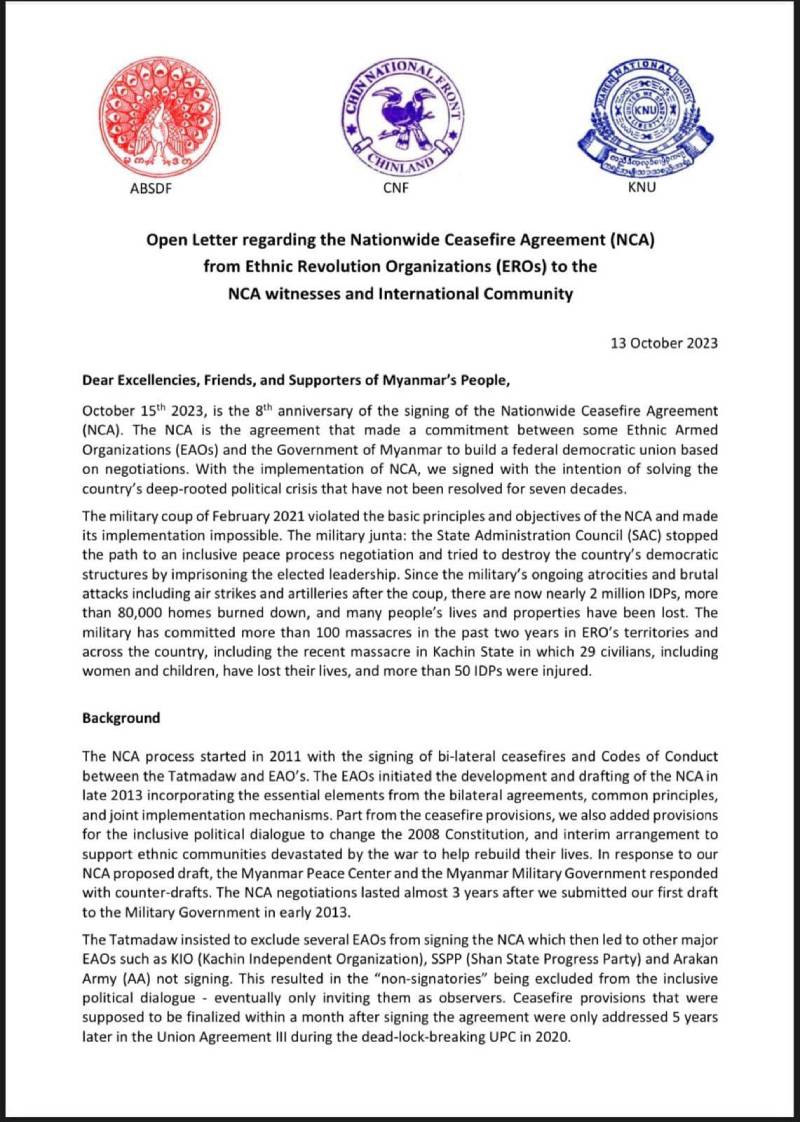 ABSDF, CNF and KNU open letter criticising NCA | Mizzima Myanmar News and Insight